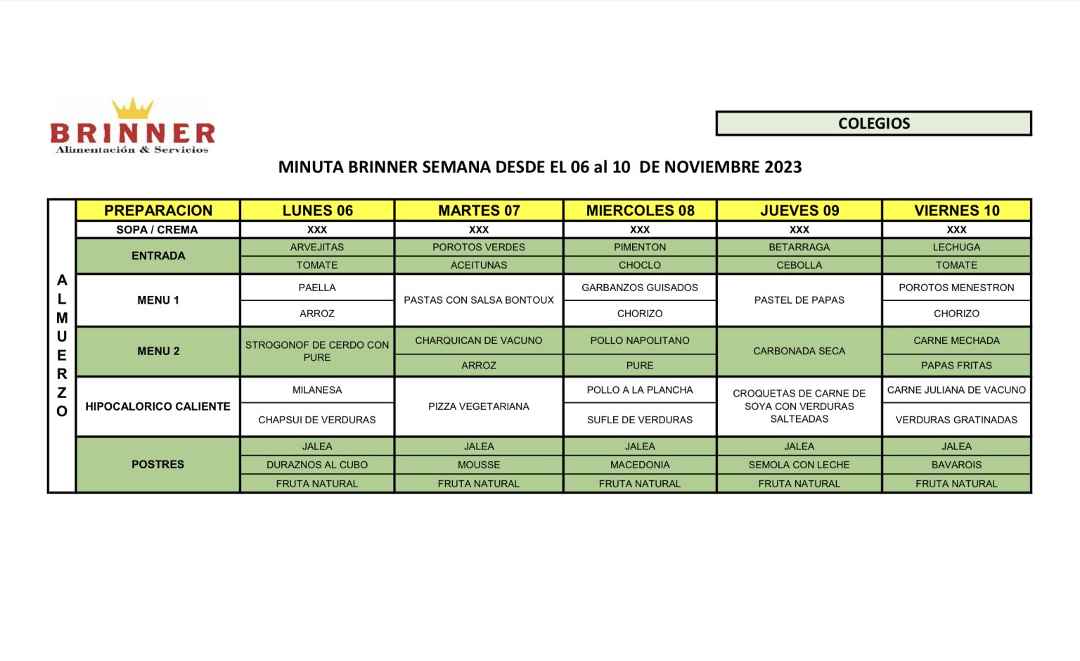 Menus – Brinner – Alimentación y servicios